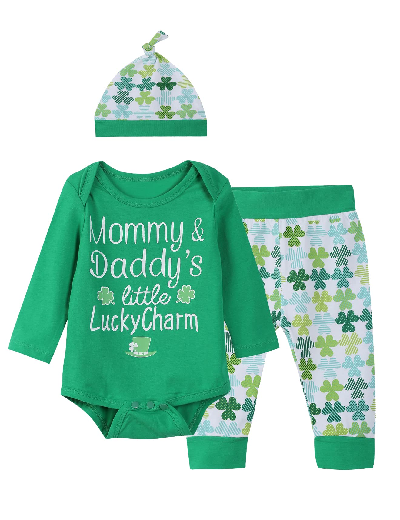 bakjuno Baby Boys Girls Cute ST Patrick's Day Outfit Clover Pants with Hat(0-3 Months) Green