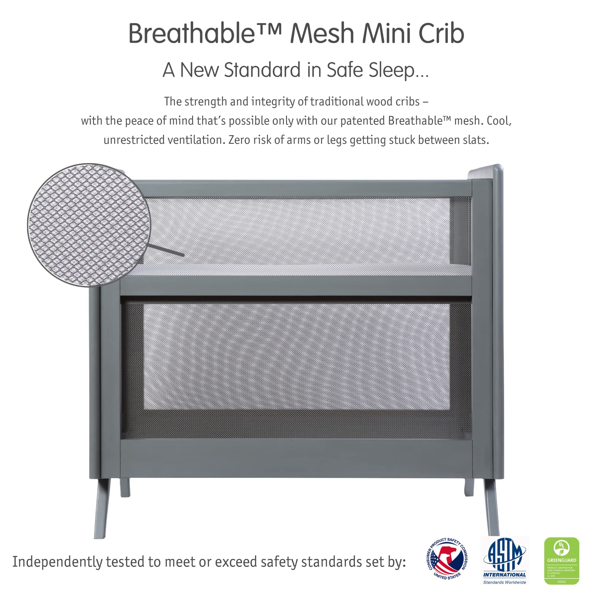 BreathableBaby Breathable Mesh 2-in-1 Mini Crib with Mattress — Gray — Two Adjustable Mattress Heights — Greenguard Gold Certified