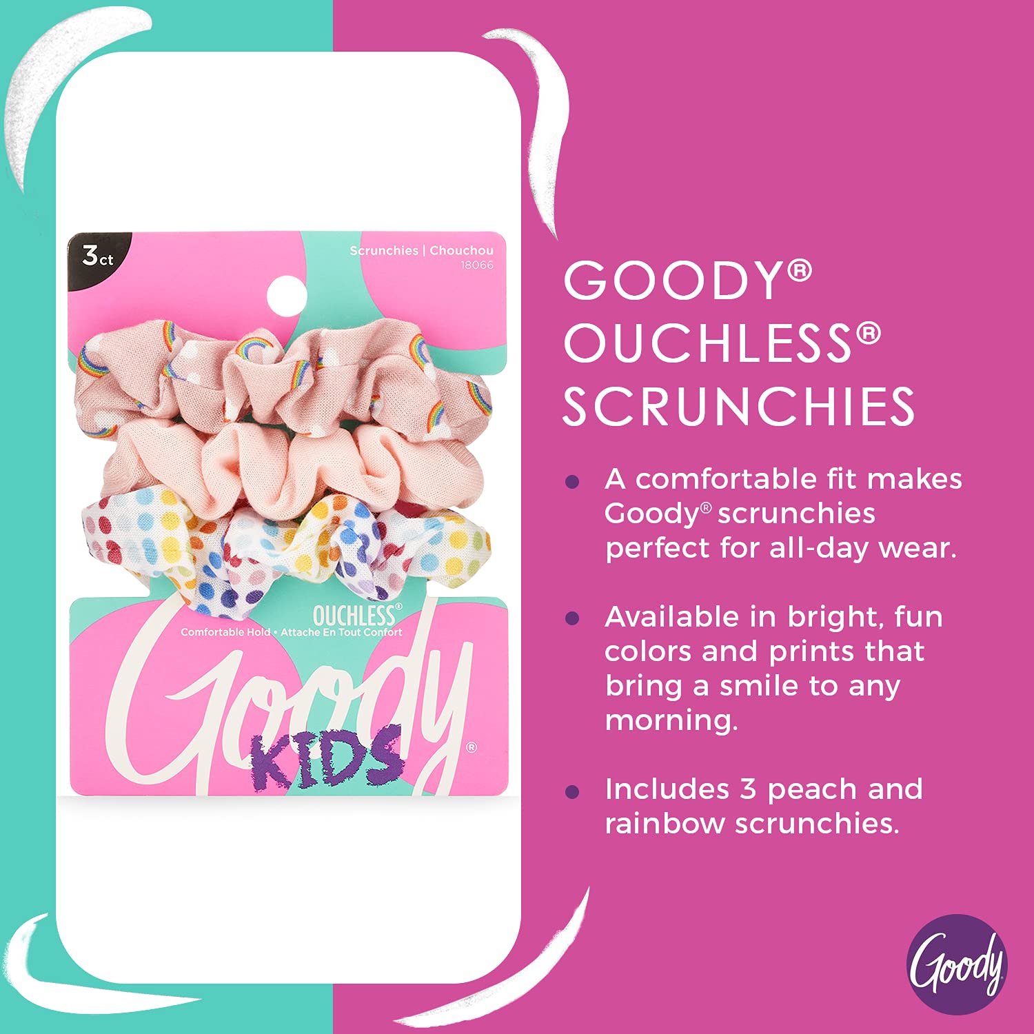 Goody Ouchless Hair Scrunchie - 3 Count, Rainbow & Peach - Secure Styling Accessories for All Hair Types - Pain-Free and Easy to Use