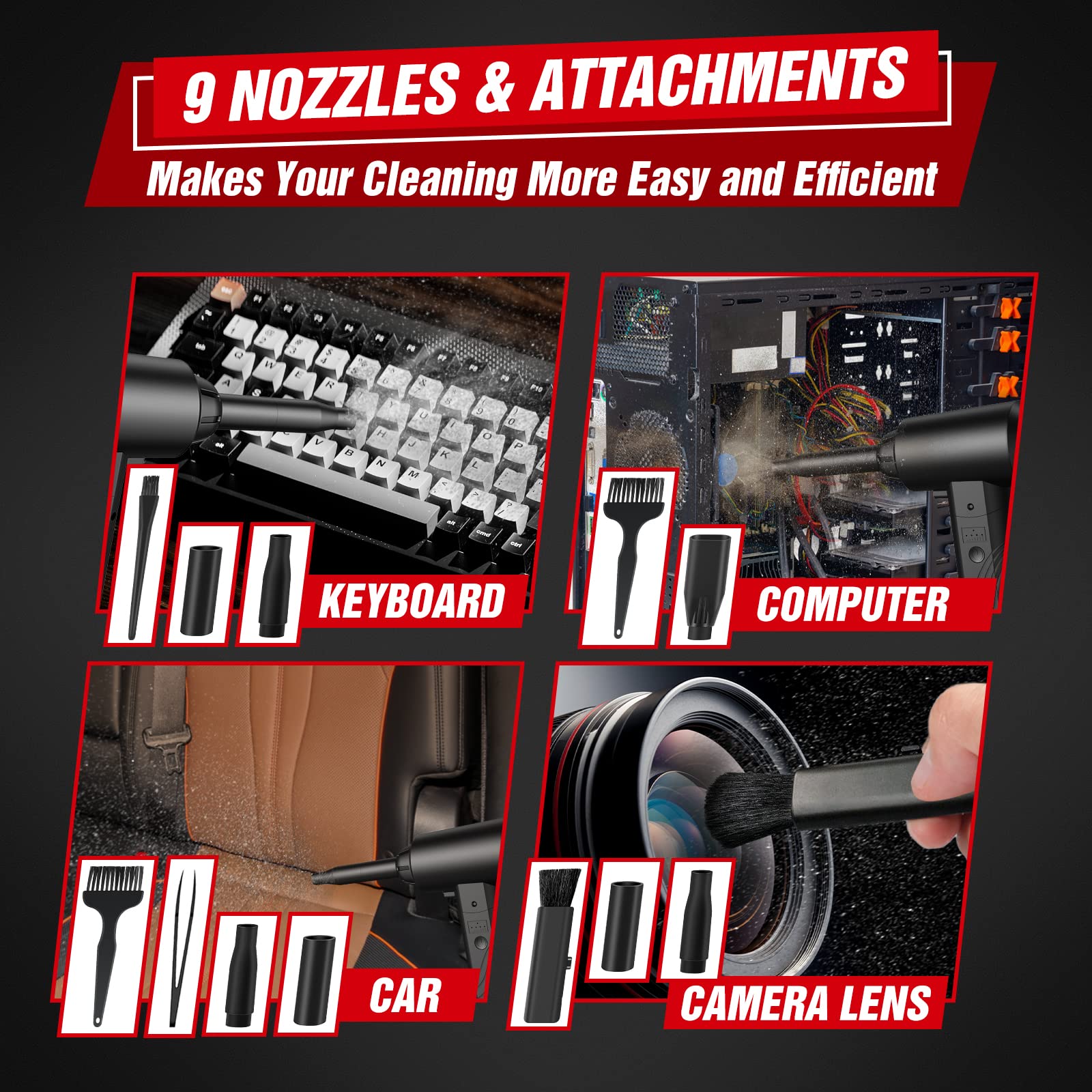120000RPM Electric Compressed Air Duster & Cordless Vacuum Cleaner 2 in 1 with 7800mAh Rechargeable Battery, Air Duster Can with 3 Gear & LED Light for Home Car PC Computer Keyboard (9 Accesory)