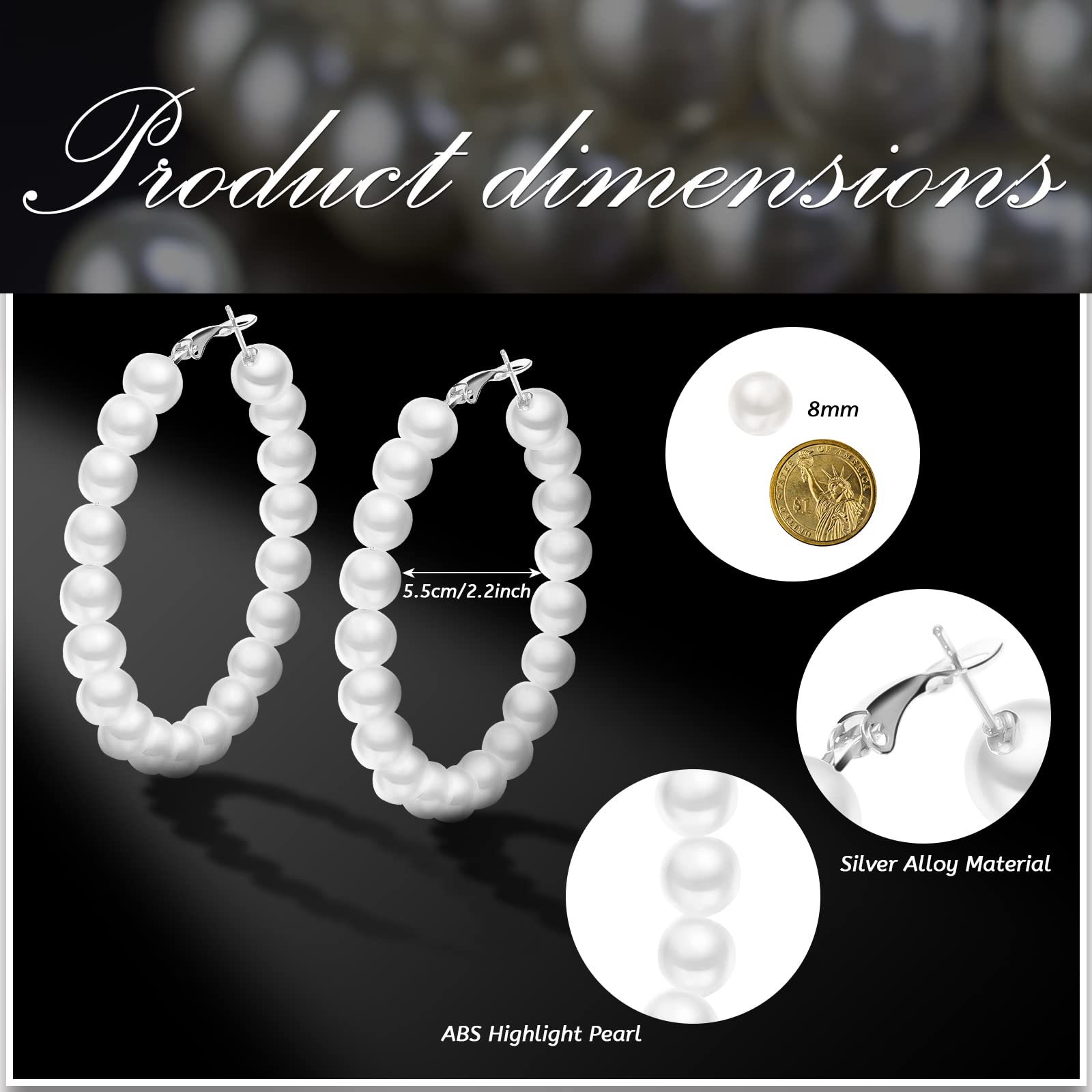 1950s Pearl Hoop Earrings White Pearl Earrings Drop Dangle Earrings for Women Bridal Presents (Silver Earpins,2.16 Inch)