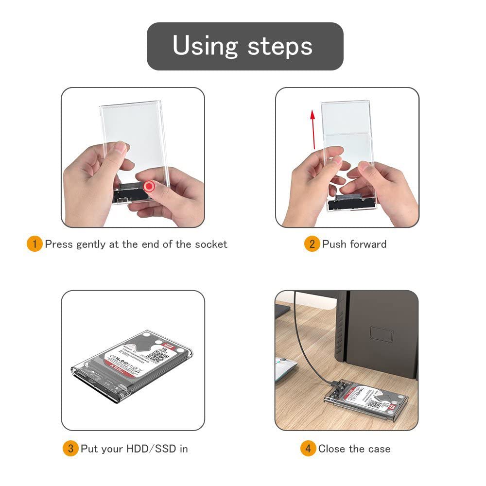 Reletech 2.5" External Hard Drive Enclosure, SATA to USB 3.1 Tool-Free Clear for 2.5 Inch SSD & HDD 9.5mm 7mm External Hard Drive Case Supports UASP SATA