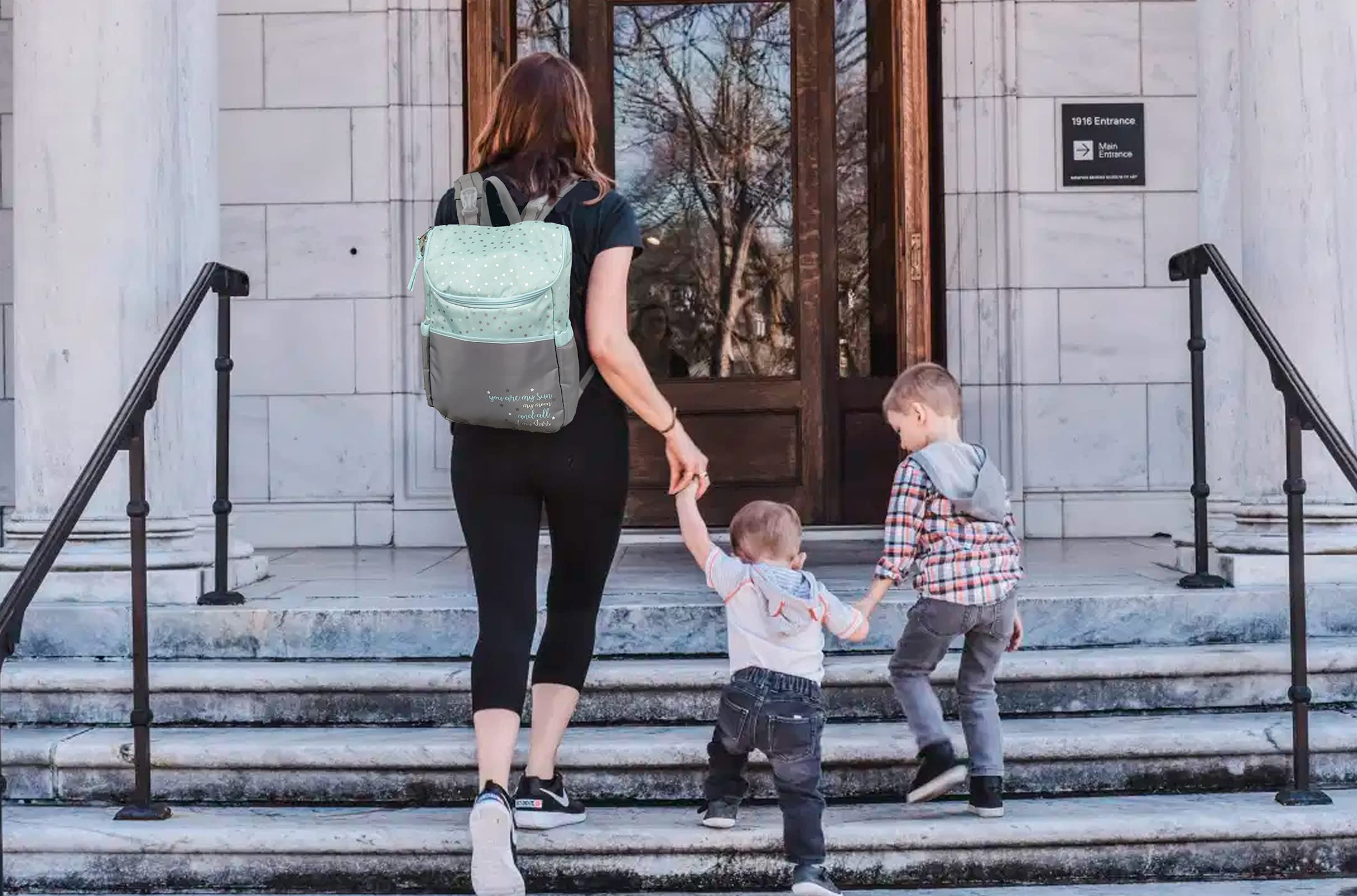 Baby Essentials Diaper Bag Backpack 5 Piece Set with Sun, Moon, and Stars, Wipes Pocket, Stroller Straps, Dirty Diaper Pouch, Changing Pad (Grey/Blue Backpack)