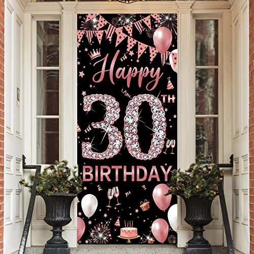 30th Birthday Decoration Door Banner, Rose Gold Happy 30th Birthday Decorations for Women, Door Cover Sign Poster Decoration, Dirty 30 Birthday Party Decoration Backdrop for Her 6.1ft x 3ft Fabric PHXEY