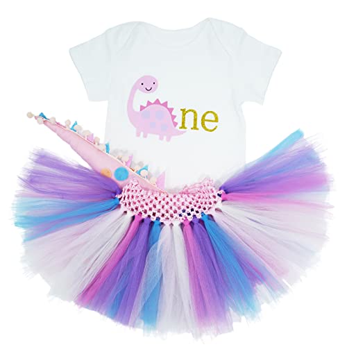Gouldianfinch Infant Baby Girls 1st Birthday Outfits Dinosaur Printed Romper + Tutu Skirt with Tail Toddler Princess Dress (12-18M)