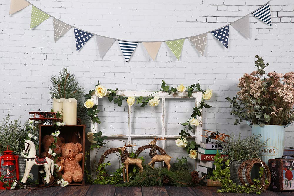6'x10' White Brick Wall with Gray Wooden Floor Photography Backdrop Vinyl Background for Pictures D-2504