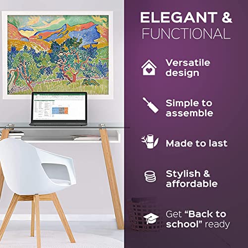 bonVIVO Massimo Small Desk - 43 Inch, Modern Computer Desk for Small Spaces, Living Room, Office and Bedroom - Study Table w/Glass Top and Shelf Space - White