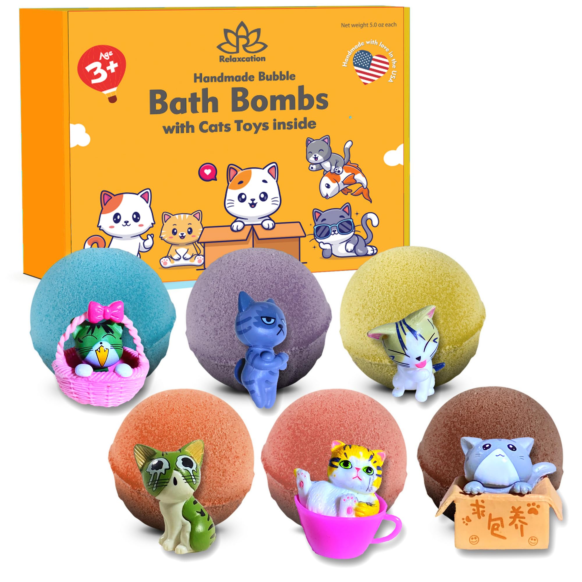 Bath Bombs for Kids Set with Cat Toys Surprise Inside for Kids - Surprise Cute Cats Inside Each Fizzy Bath Ball - Natural and Safe for Girls, Boys, Teens - Perfect for Gift - Handmade in USA
