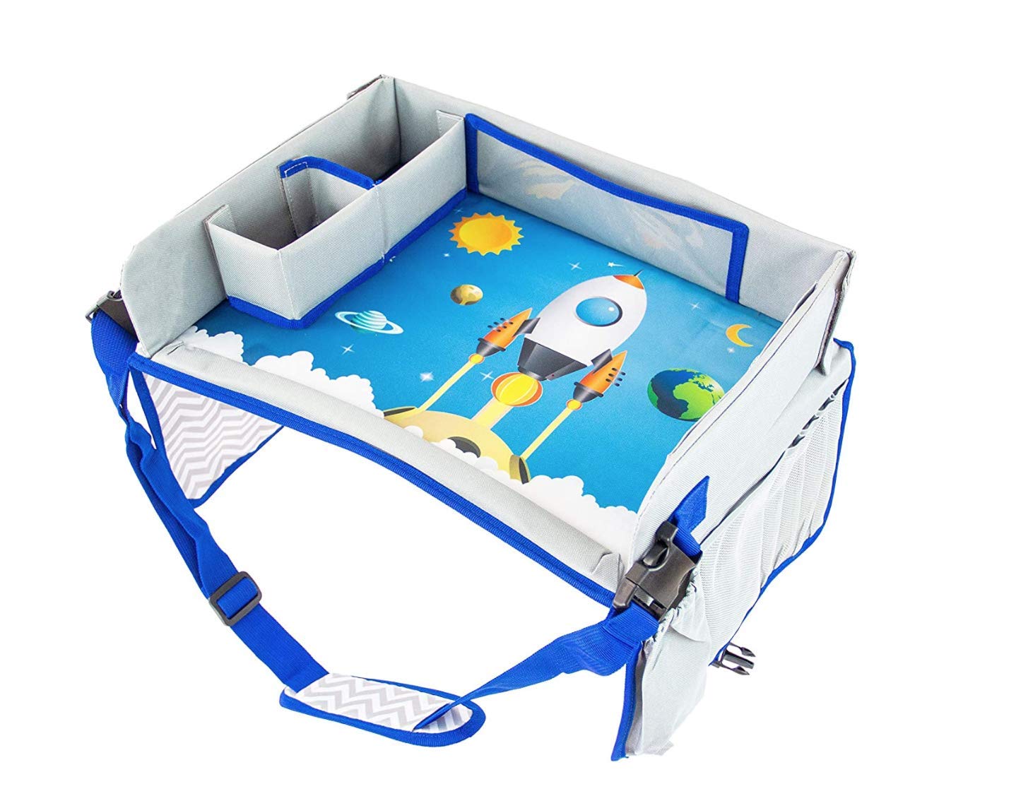 Thr33E Car Seat Kids Travel Tray - Travel Lap Desk Active Accessory for Child’s - Kids Tablet iPad Holder Stand Art Storage Pockets (Blue)