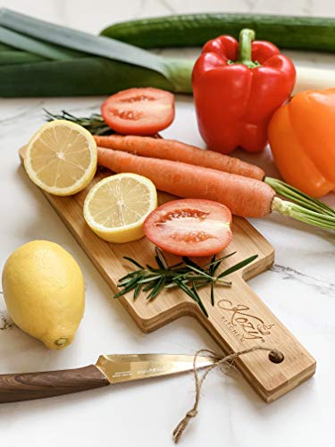 Bamboo cutting board for food prep, meat, vegetables, fruits, crackers, nuts and cheese| 100% organic | long handle board| reversible design (100% Bamboo- Style: SQ1)