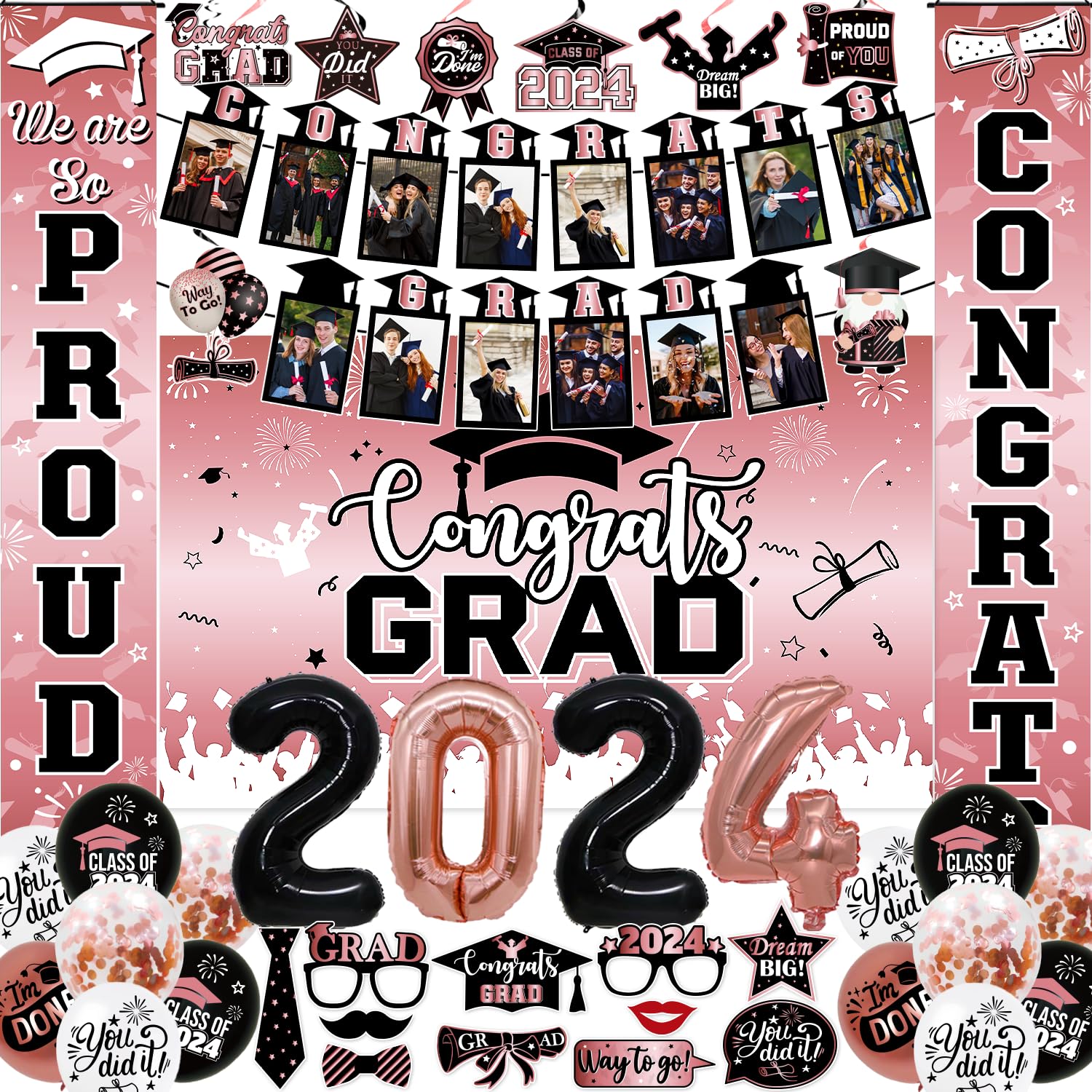 2024 Pink Graduation Decorations, Pink Graduation Banner Class of 2024 Pink and Black Graduation Party Supplies Balloons Graduation Photo Props Decorations Class of 2024 Pink Congrats Grad 2024