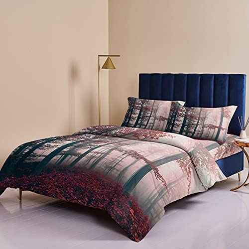 4 Piece Bedding Duvet Cover Set Aesthetic Forest Tree Red Leaves,Soft Bedspread Decorative Pillow Shams Microfiber Quilt Cover Nature Landscape,Washable Bed Sheet Comforter Set for Bedroom Hotel Twin