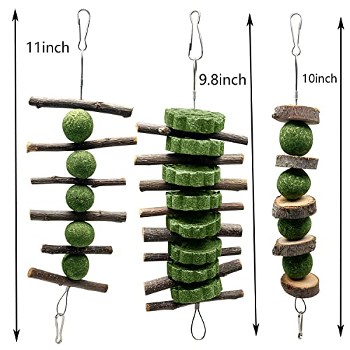 3 Pcs Bunny Teeth Grinding Chew Toys, Apple Branch Chewing Sticks with Grass Ball and Grass Cake for Rabbits Bunnies Hamsters Guinea Pigs