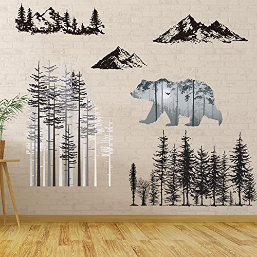 3 Sheets Mountain Forest Bear Wall Decals Stickers Pine Tree Wall Decals Woodland Trees Wall Stickers Deer Forest Decals for Kids Nursery Bedroom Living Room Decor, 11.8 x 35.4 Inches (Bear)