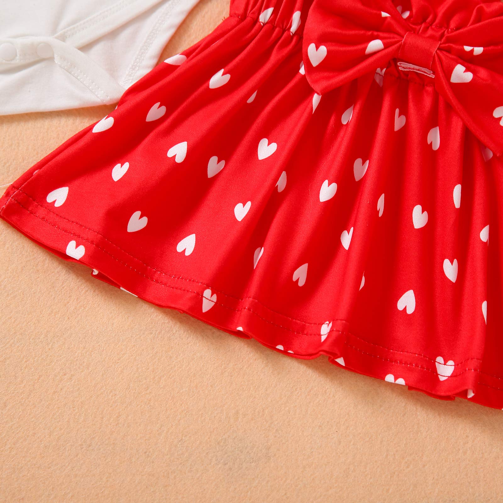 Baby Girls My First Valentine's Day Outfit Ruffles Long Sleeve Romper + Heart Suspenders Skirt Set(White, 6-9Months)