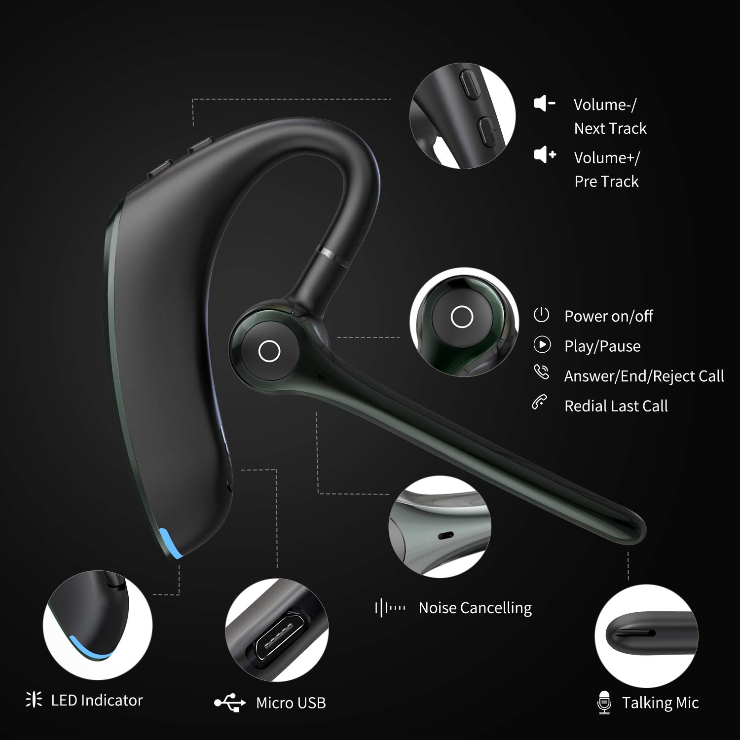 Bluetooth Headset,Wireless Bluetooth Earpiece V5.0 Dual Mic Noise Cancelling Earphone Built-in 2Mic 16Hrs Hands-Free Calling for Driving/Business/Office/Trucker with iPhone Android Cell Phones (Green)