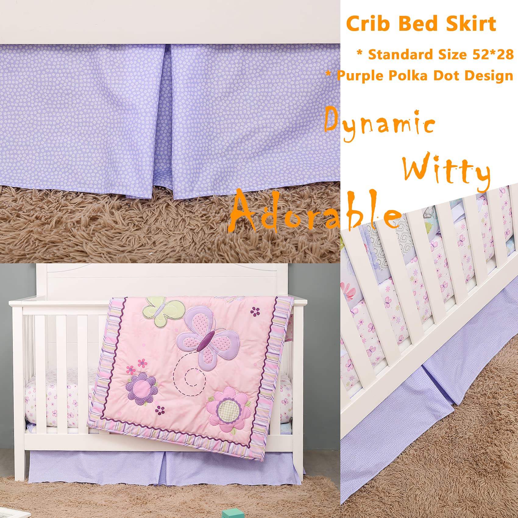 Brandream Crib Bedding Sets for Girls with Purple Butterfly | Baby Comforter, Fitted Sheet, Dust Ruffle and Diaper Stacker, Ambroidered Floral Animal Pink, 4 Pieces