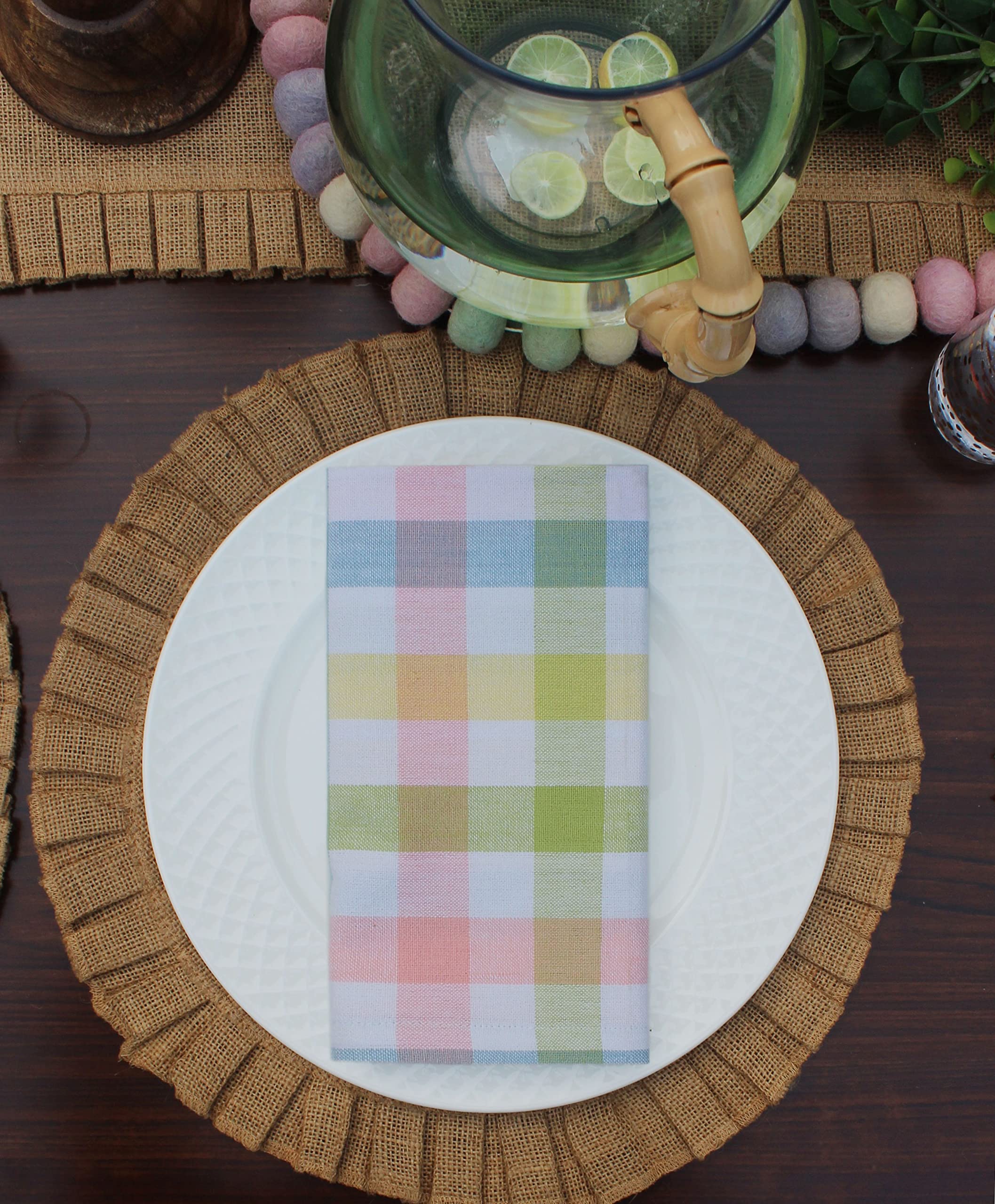 COTTON CRAFT Gingham Buffalo Plaid Check Napkins - Mitered Corners - Spring Easter Bunny Pastel Luncheon Dinner - Set of 8 - Pure Cotton - Reusable Washable - 18 inch x 18 inch - Yellow Multi Pastel