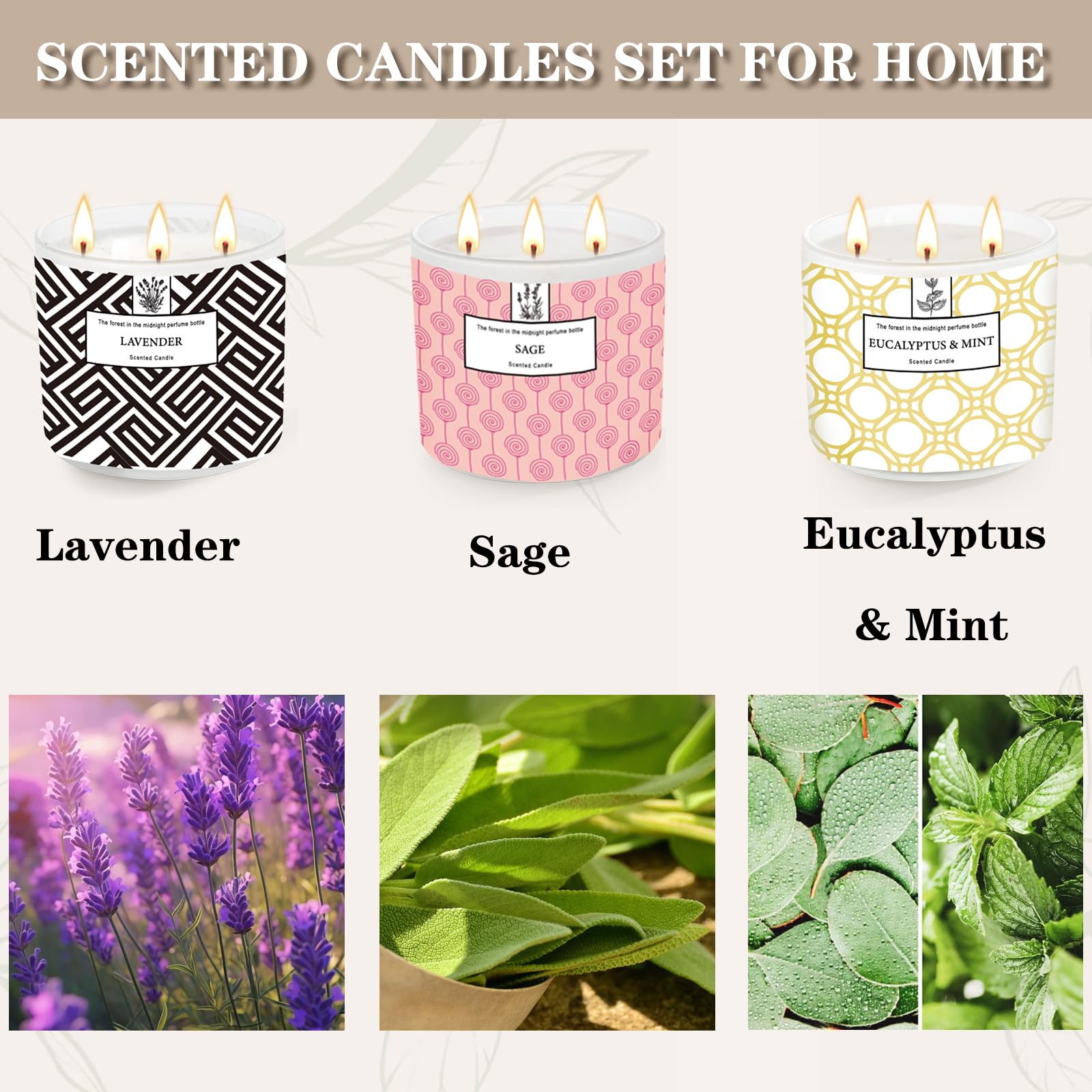 3 Pack Candles for Home Scented, Large 3 Wick Jar Candle, Luxury Lavender & Sage & Eucalyptus Mint Soy Candles, 40.2 oz 300 Hour Long Lasting Aromatherapy Candles, Housewarming Gift for Women