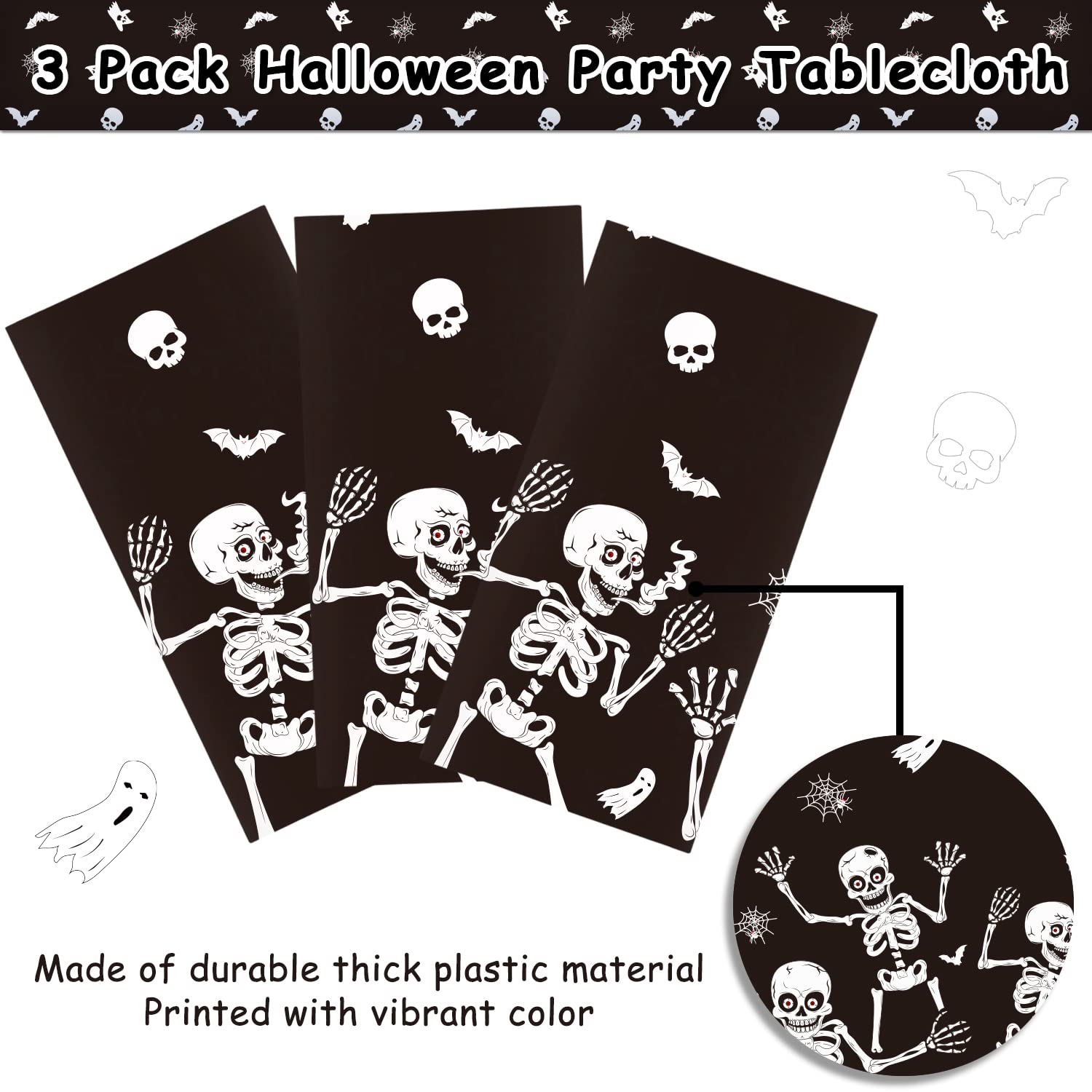 3 Pack Halloween Skeleton Tablecloth, Halloween Tablecloth Party Decorations, Plastic Skull Tablecover Backdrop Background Banner for Halloween Haunted House Party Decoration and Supplies, 54 x108Inch