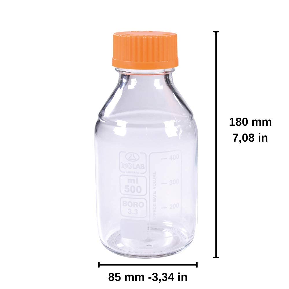 ISOLAB USA β Round Media Storage Bottle, 500ml, with GL 45 Screw Cap, Borosilicate 3.3 Glass, Pack of 2