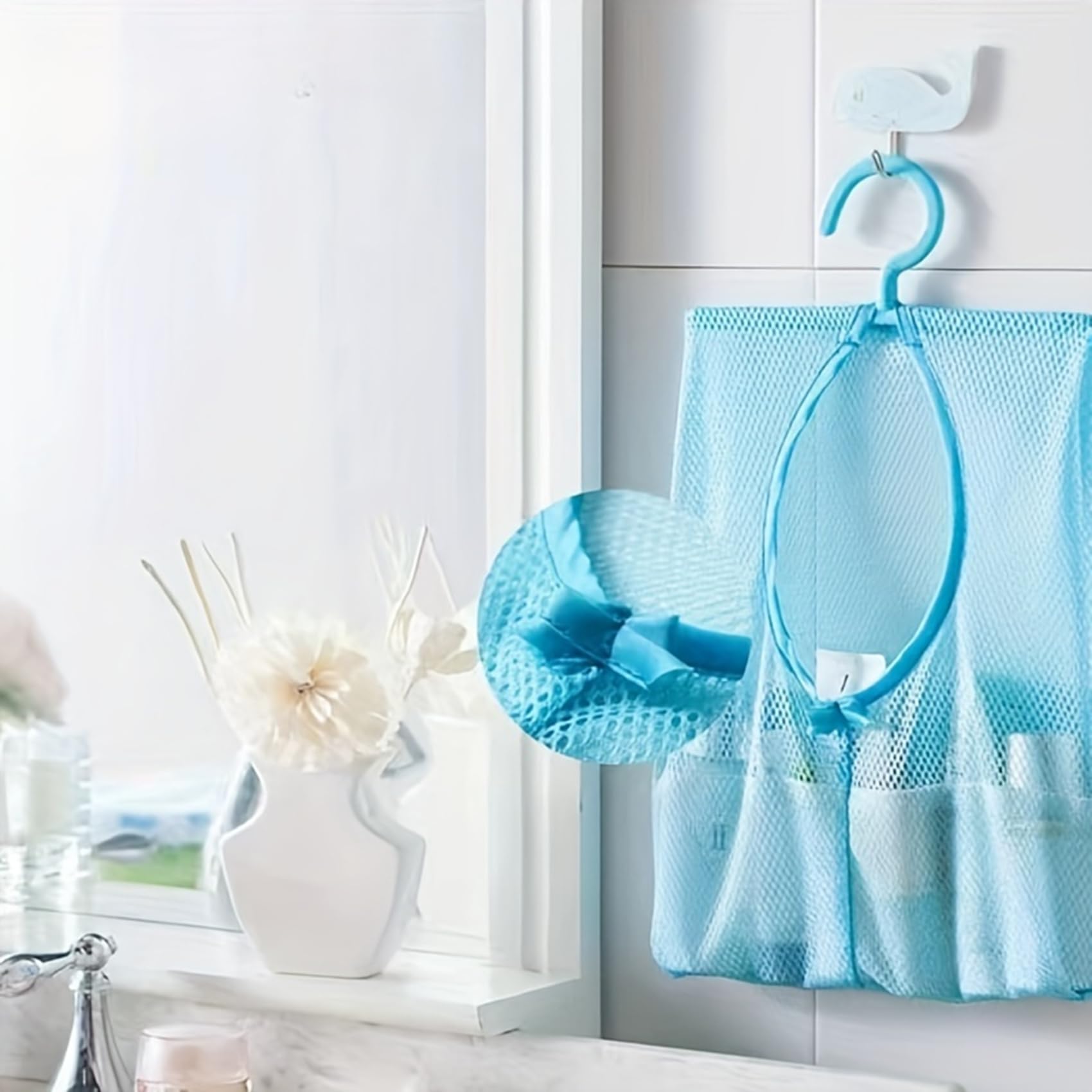 2 PCS Portable Hanging Mesh Pocket with Rotatable Hook,Bath Storage Organizers for Travel,Camper,RV,Gym,Cruise,Cabin,College Dorm Shower (Blue)