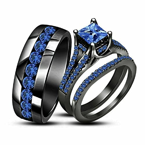 14K Black Gold Over Princess & Round Cut Blue Sapphire 925 Sterling Silver Diamond Engagement Trio Ring Set for His & Her