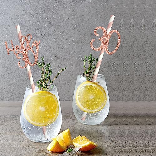30th Birthday Paper Straw Decor, Happy 30th Birthday Decorations, Hello 30, 30th Anniversary/Birthday Party Drinking Decorative Straws, Cheer 30 Years Old Party Supplies 12 Pieces Rose Gold