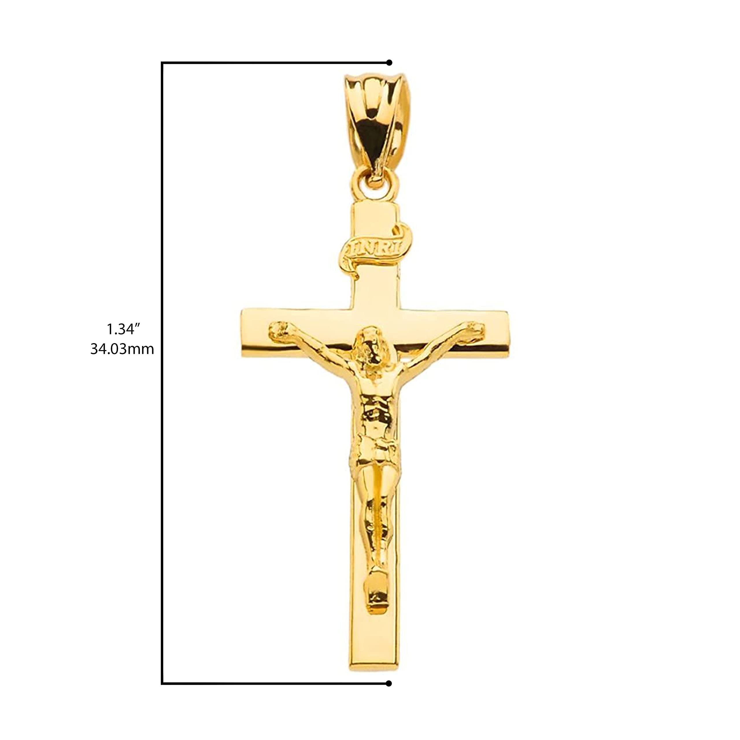 14K Yellow Gold Linear Cross 1.15" INRI Crucifix Charm Pendant Religious Jewelry