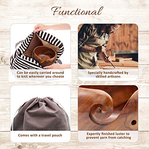 Yarn Bowls 6x3 inches for Crocheting. Wooden Yarn Bowl Holder for Knitting with Free Carry Pouch & 2 Crochet Hooks
