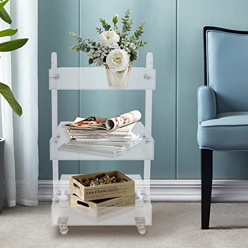3 Tier Acrylic Multi-Functional Rolling Storage Cart, 16.37x13.38x28 Inch Acrylic Storage Cart with Lockable Wheels for Living Room Bedroom Bathroom Kitchen and Laundry Room