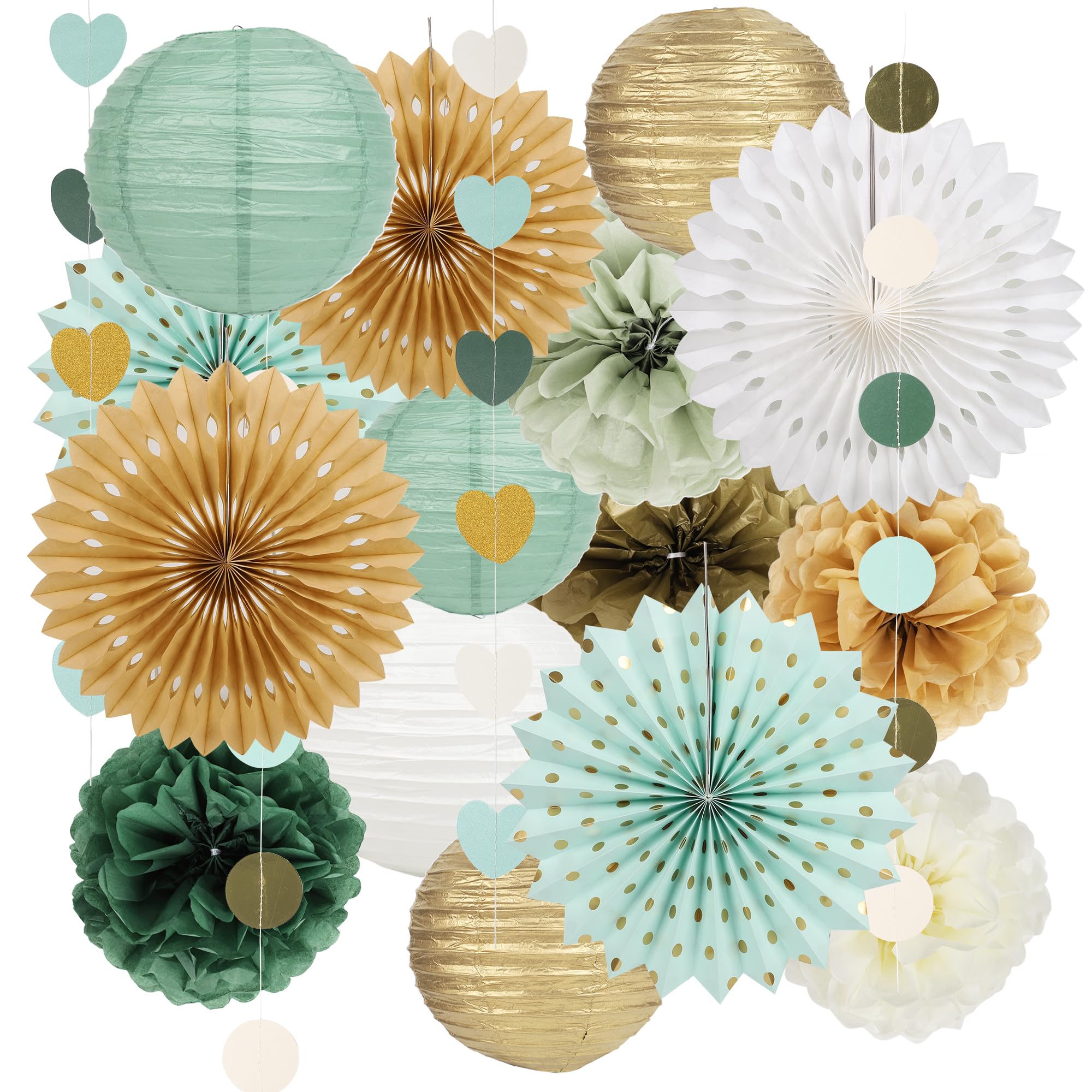 18 PCS Sage Green Party Decorations Sage Green Paper Fans Lanterns Sage and Gold Tissue Paper Pom Poms with Heart and Dot Hanging Garlands for Bridal Baby Shower Wedding Birthday Party Decorations