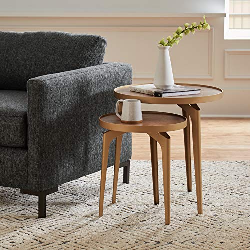 Amazon Brand β Rivet Mid-Century Nested Metal Side Tables, Set of 2, Brass/Walnut Finish
