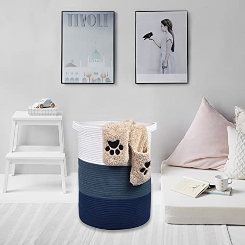 BOSROTY Extra Large Blanket Basket, Tall Laundry Basket, Laundry Hamper, Large Storage Basket, 15.7βx 21.7β,Cotton Rope Basket, Woven Basket, Toy Basket, Clothes Baskets, White&Cadet Blue&Navy Blue