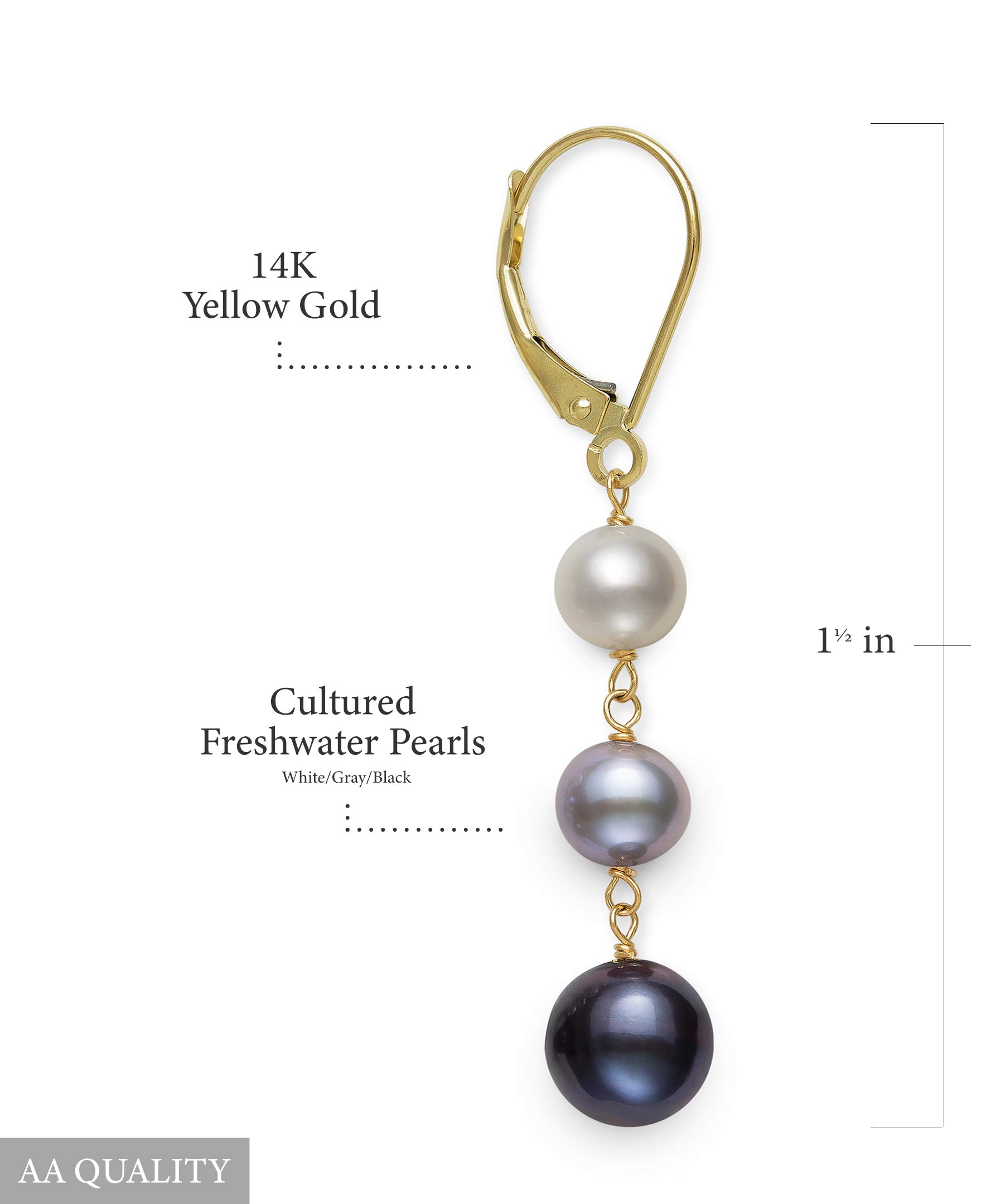 14k Yellow Gold Cultured Freshwater Pearl Trio Dangle Drop Earrings (Multi-Black)