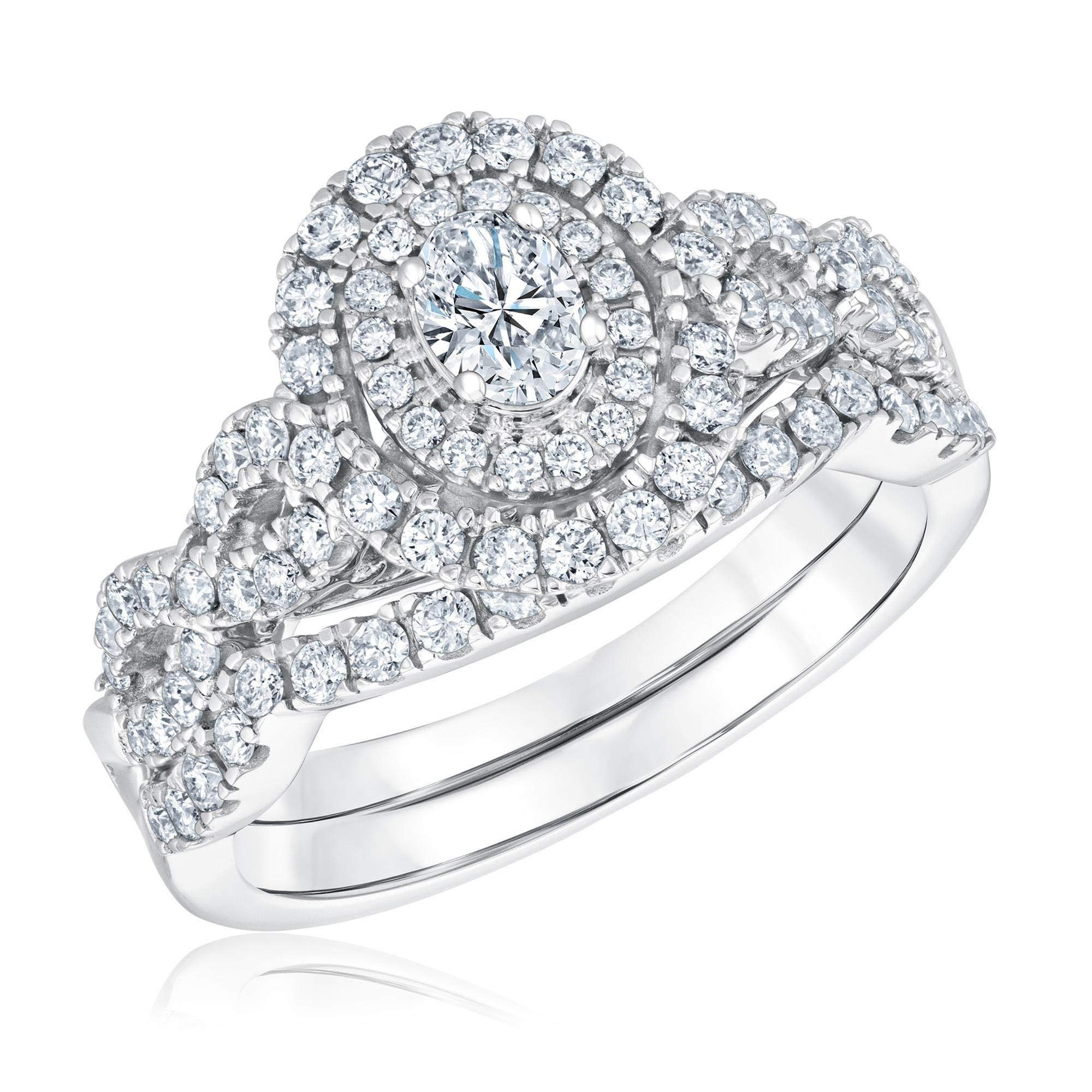 1ctw Oval Diamond Double Halo White Gold Engagement Ring and Wedding Band Set | Couture Collection - Size 6