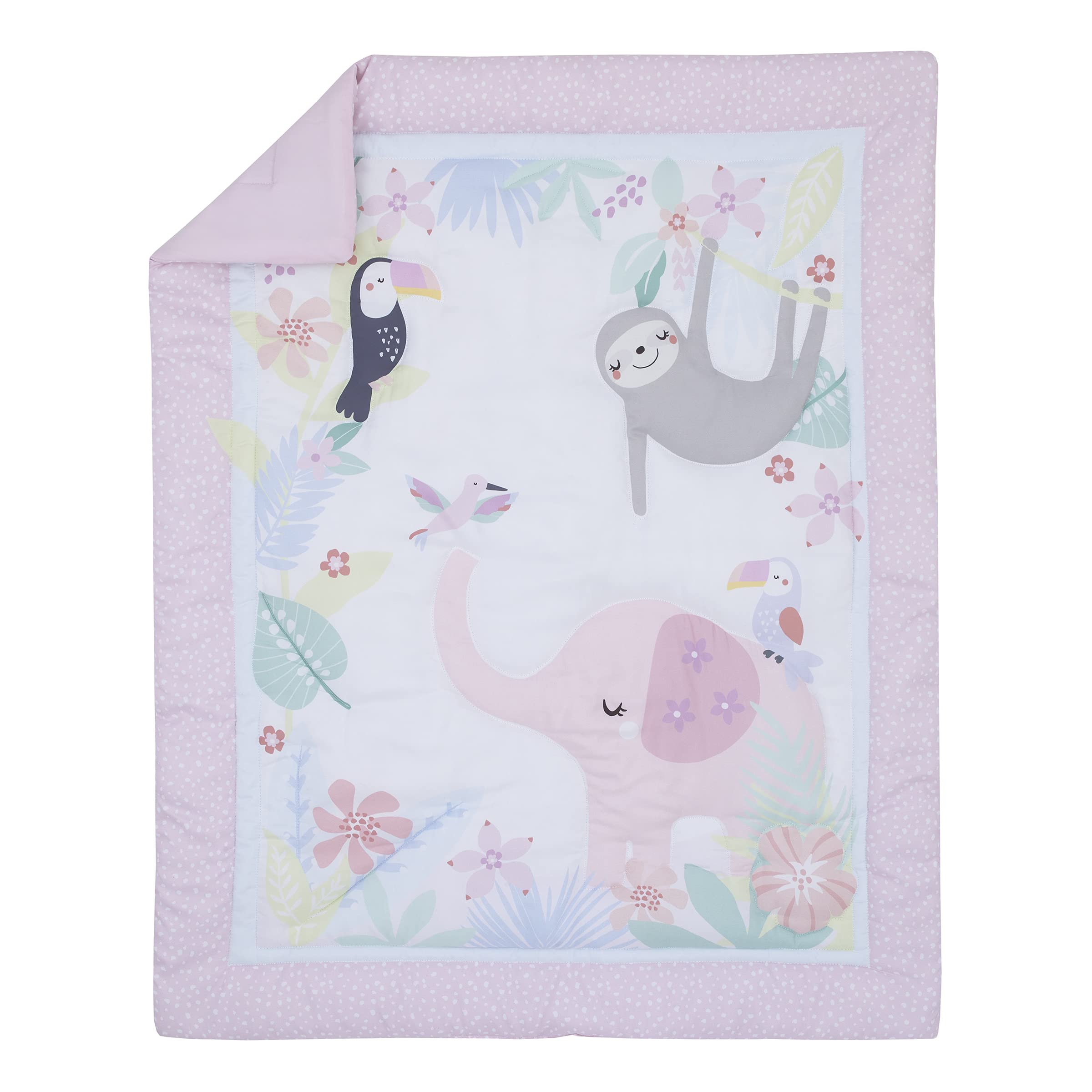 Little Love by NoJo Tropical Garden Pink, Green, and White Jungle Animal 3 Piece Mini Crib Bedding Set - Comforter, Two Fitted Sheets