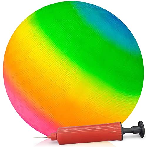 ArtCreativity Rainbow Playground Ball for Kids with Hand Pump, Bouncy 16 Inch Rubber Kick Ball for Backyard, Park & Beach Outdoor Fun, Beautiful Rainbow Colors, Durable Outside Toys for Boys & Girls