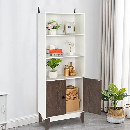 4 Tier Bookcase Storage Cabinet, 63 Inches 4 Tiers Tall Open Bookshelf with 2 Doors, Anti-toppling Device, Freestanding Wooden Storage Display Shelf for Home Office (White)