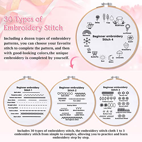 4 Sets Beginners Embroidery Stitch Practice kit, Embroidery Starter kit for Craft Lover with 30 Different Stitches,Embroidery Skill Practice Kit Include 4 Embroidery Cloth with Pattern Embroidery Hoop