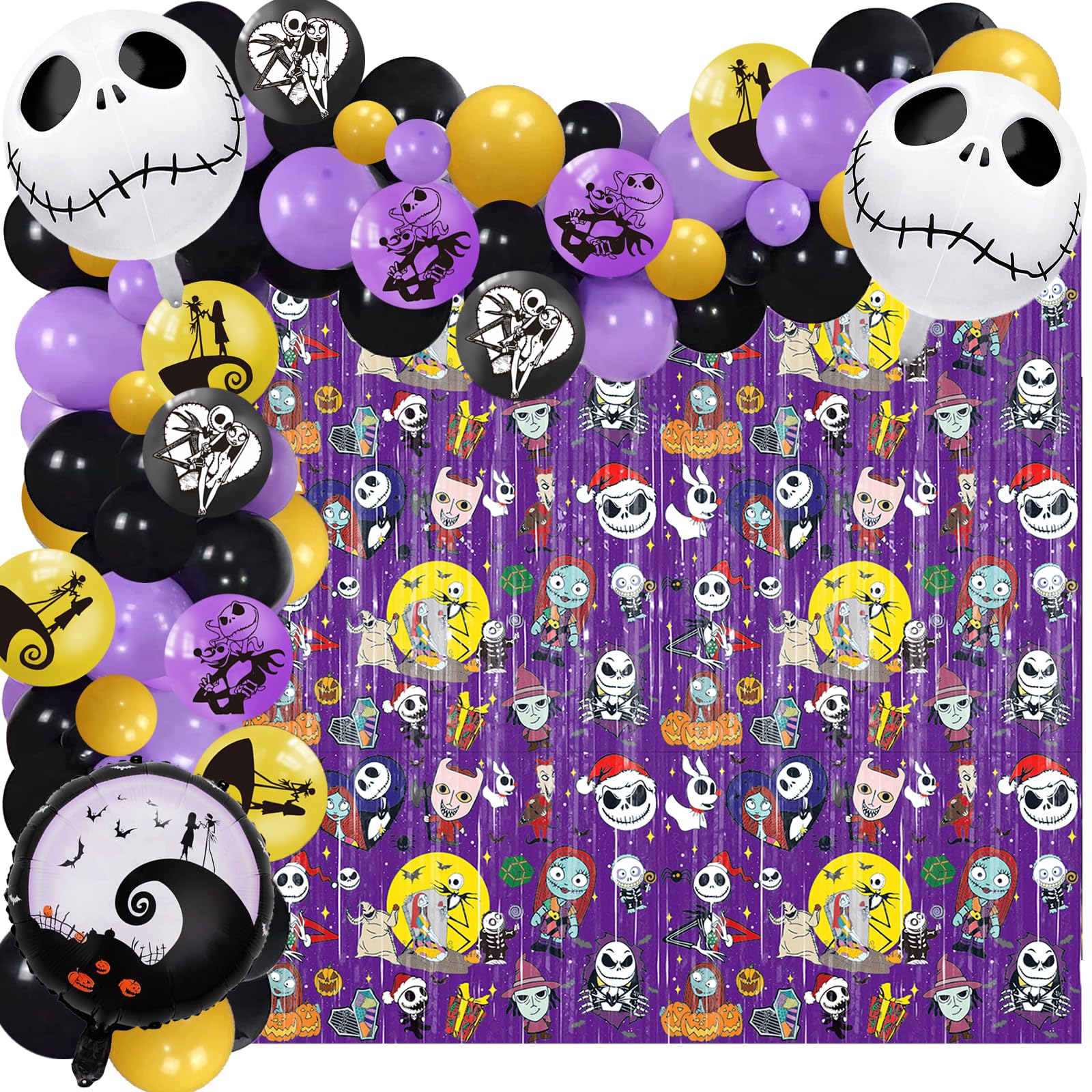128Pcs Christmas Nightmare Balloons Arch Garland Kit,Assorted Latex Balloons Foil Balloons and Tinsel Foil Fringe Curtains for Halloween Christmas Nightmare Birthday Party Decorations