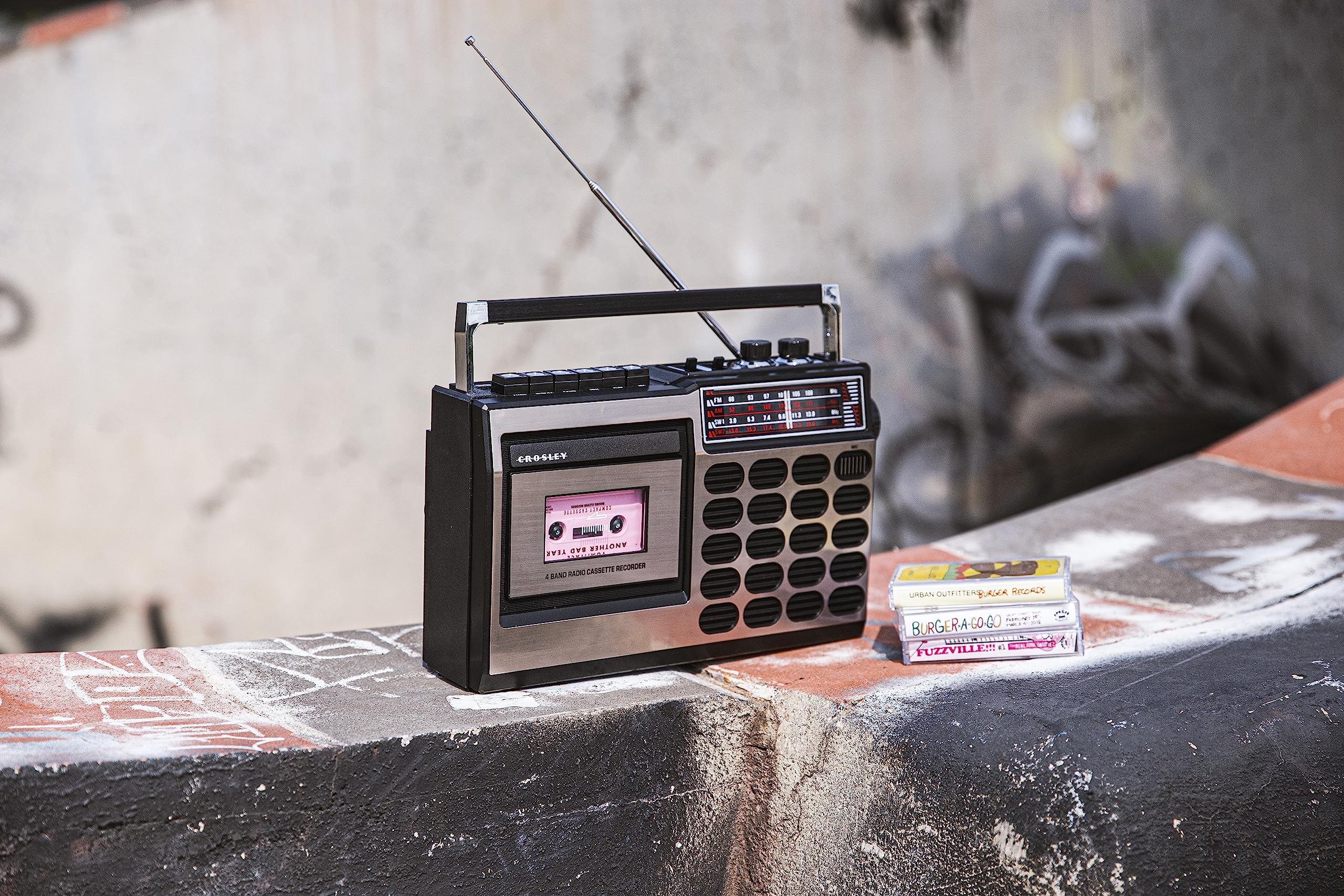 Crosley CT100B-SI Retro Portable Cassette Player with Bluetooth, AM/FM Radio, and Built-in Microphone, Silver