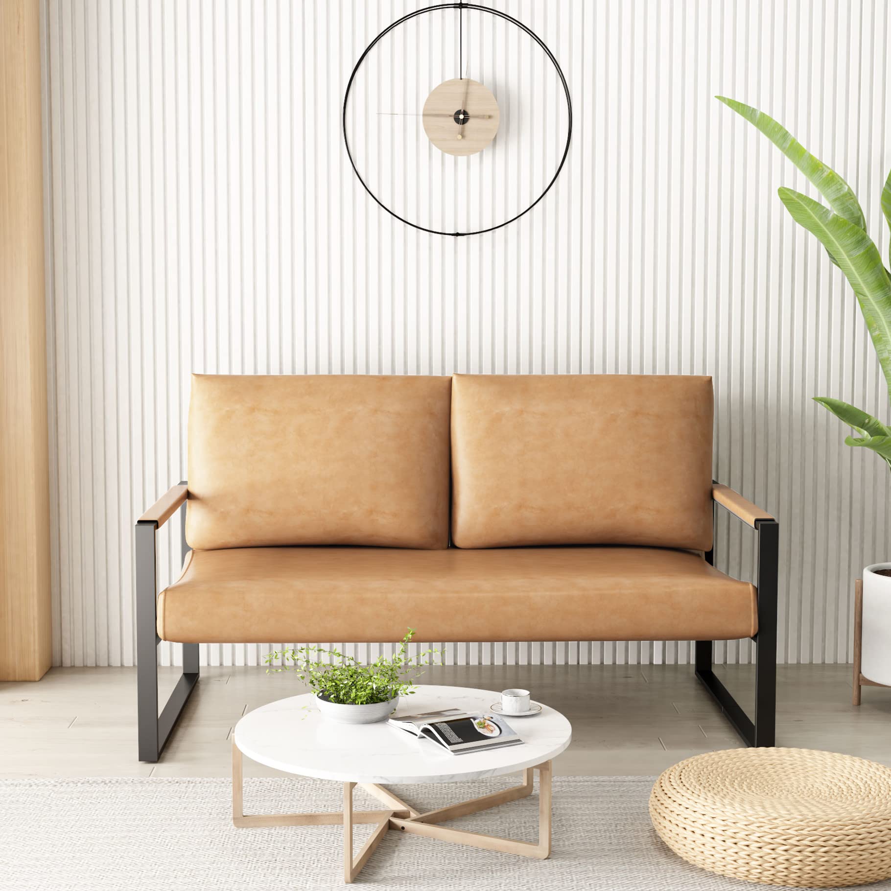 AWQM Faux Leather Sofa,Mid-Century Loveseat Sofa,2 Seat Couch,Classic Sofa Upholstered with Removable Back/Seat Cushion,Armchair/Lounge Chair for Living Room,Office and So on,Camel