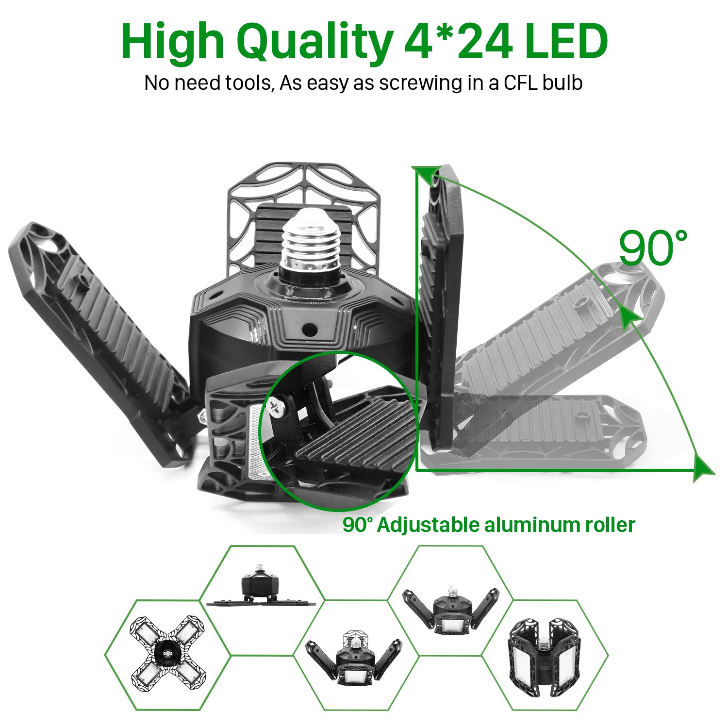 120W LED Garage Light, 12000 Lumens Deformable Four Leaf Tribright Lighting 4 Adjustable Panels Quadruple Glow Garage Light, CRI 80, 6000K Garage Ceiling Light for Warehouse, Basement, Barn