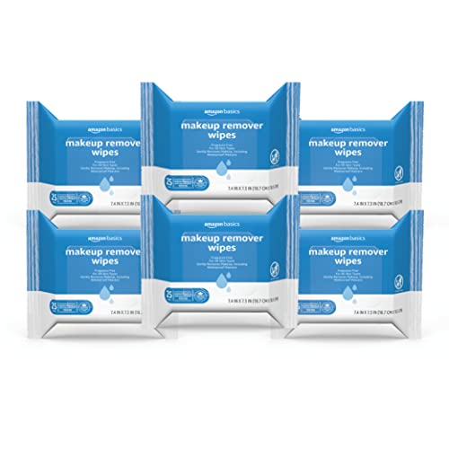 Amazon Basics Make Up Remover Wipes, Fragrance Free, 150 Count (6 Packs of 25) (Previously Solimo)