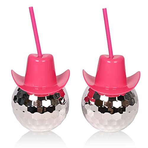 2 Pcs,Disco Ball Cups,Fashionable Pink Disco Ball Cowboy Hat,Disco Ball Cup with straw for Christmas Day,Halloween,Achelorette Party,New Yearās Eve,Birthday Party,Reusable And Removable