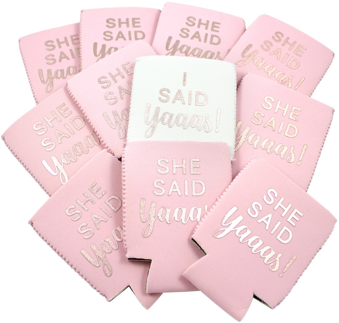 11pc or 6pc Set She Said Yaaas! & I Said Yaaas! Drink Coolers. Bachelorette, Bridal Shower, Wedding. 4mm Thick Bottle Sleeves, Can Coolies, Beverage Insulators (11pc Set, Blush & Rose Gold)