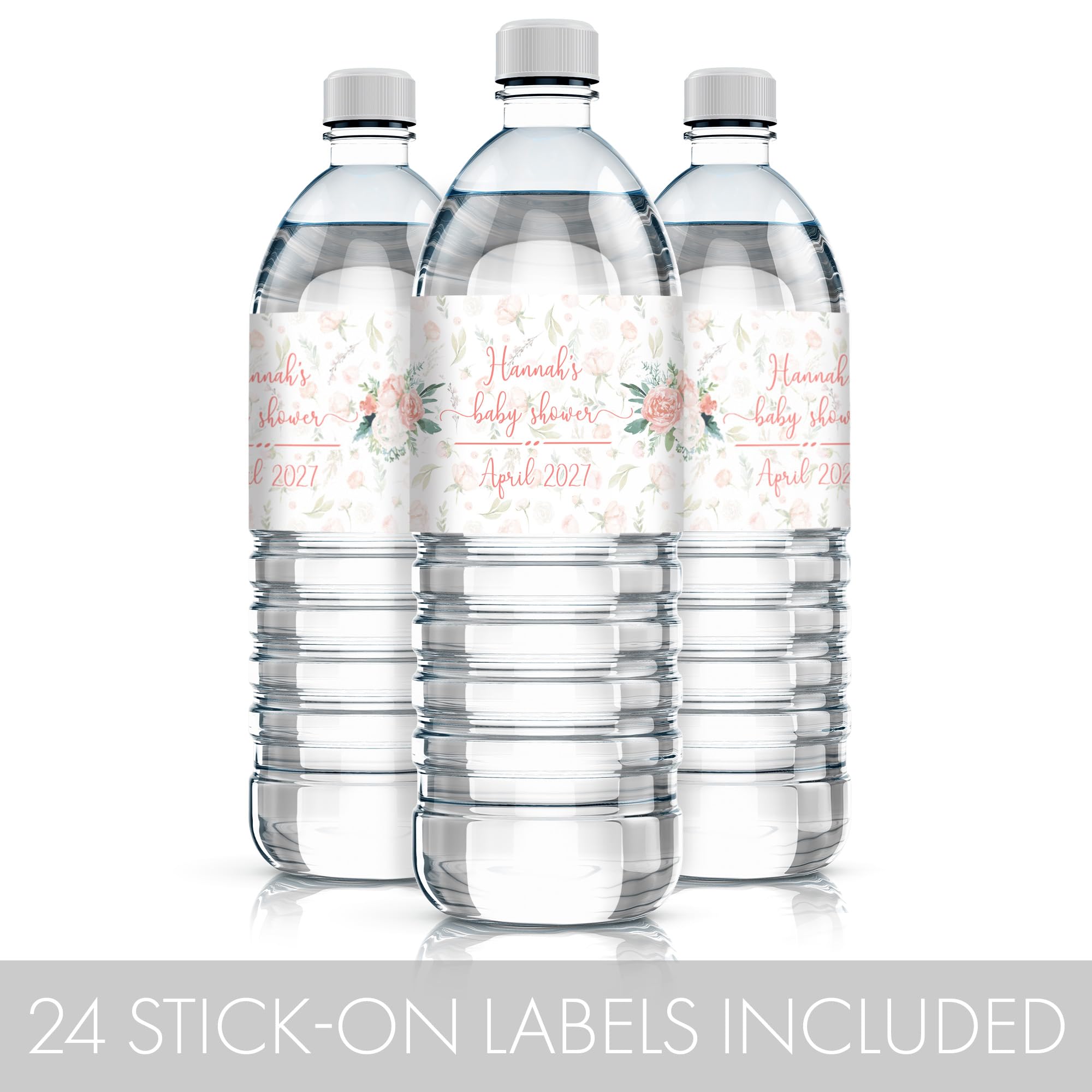 Personalized Pink Floral Baby Shower Water Bottle Labels - 24 Stickers