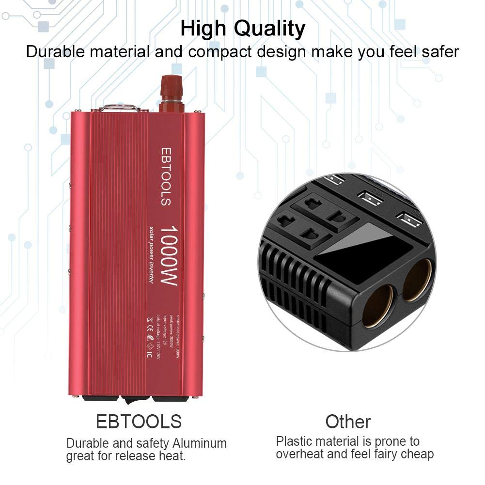 1000W/2000W Power Inverter 12V DC to 110V AC Car Converter with USB Charging Ports and Dual AC Outlets