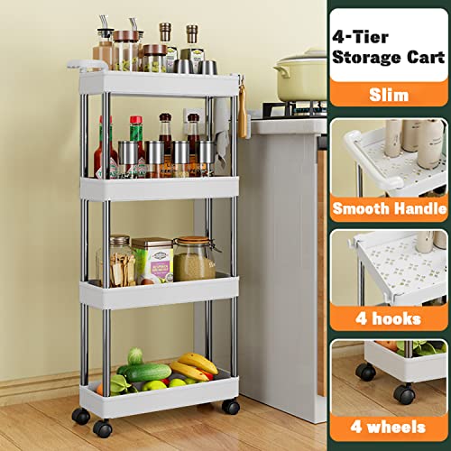 4 Tier Slim Rolling Storage Cart,Laundry Room Organization Rolling Utility Cart Slide Out Storage Shelves Mobile Shelving Unit Organizer for Office Kitchen Bathroom Laundry Narrow Places(White,Slim)